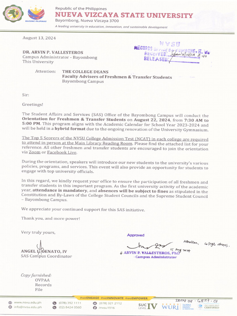 SAS - Orientation of Freshmen and Transfer Students | PDF