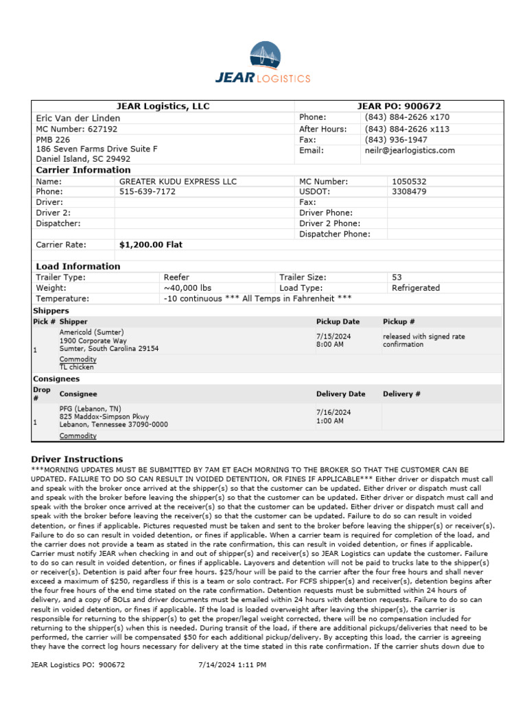 Eric Van Der Linden: JEAR Logistics, LLC JEAR PO: 900672 | PDF