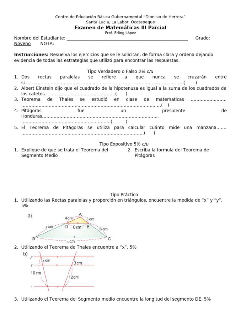 Examen 9° MATH - III PARCIAL | PDF
