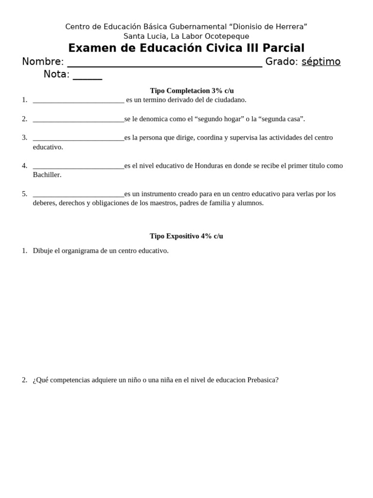 EXAMEN DE EDUCACION CIVICA 7°- III PARCIAL | PDF