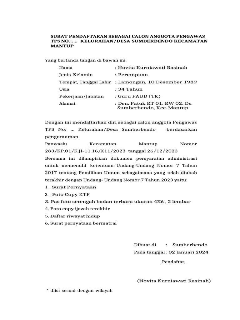 Surat Lamaran Tps | PDF