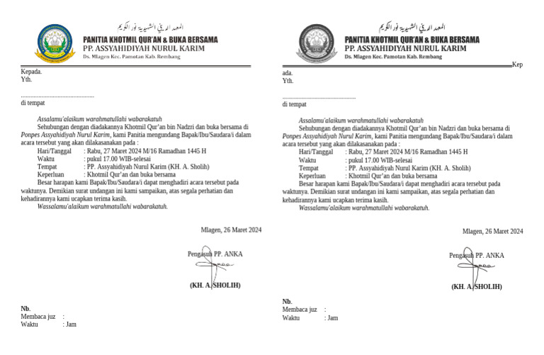 Contoh Surat Undangan Acara Isra Miraj Di Masjid | PDF