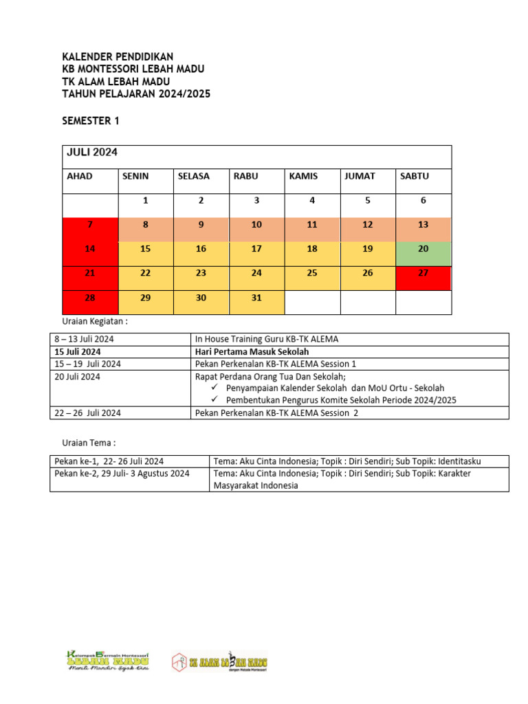 Kalender Pendidikan KB-TK Alema 2024 2025 | PDF