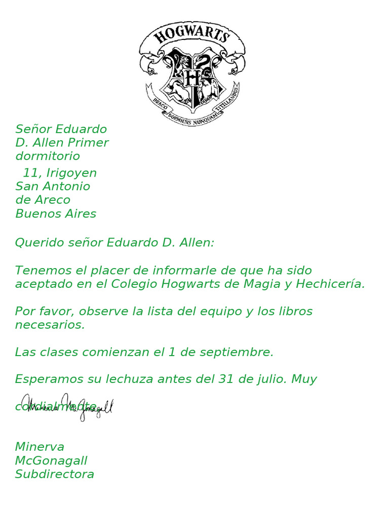 Carta Hogwarts Verde Esmeralda | PDF