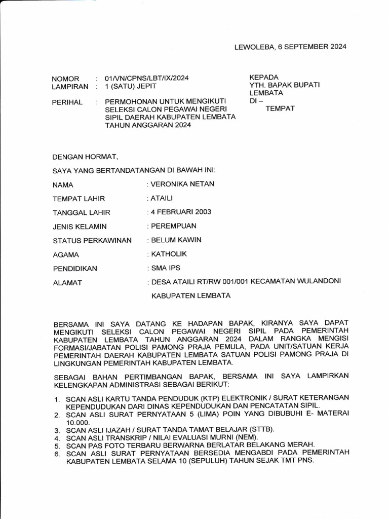 Surat Lamaran_Veronika Netan | PDF