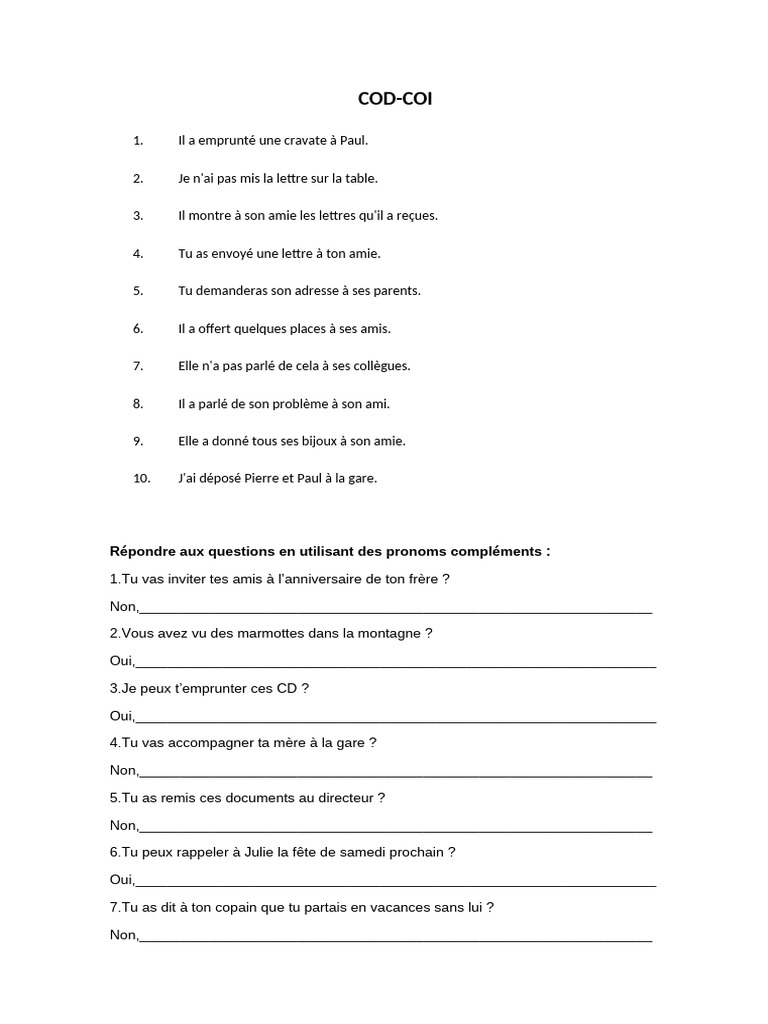 COD - COI Exercices Pronoms Doubles Avec Passé Composé | PDF
