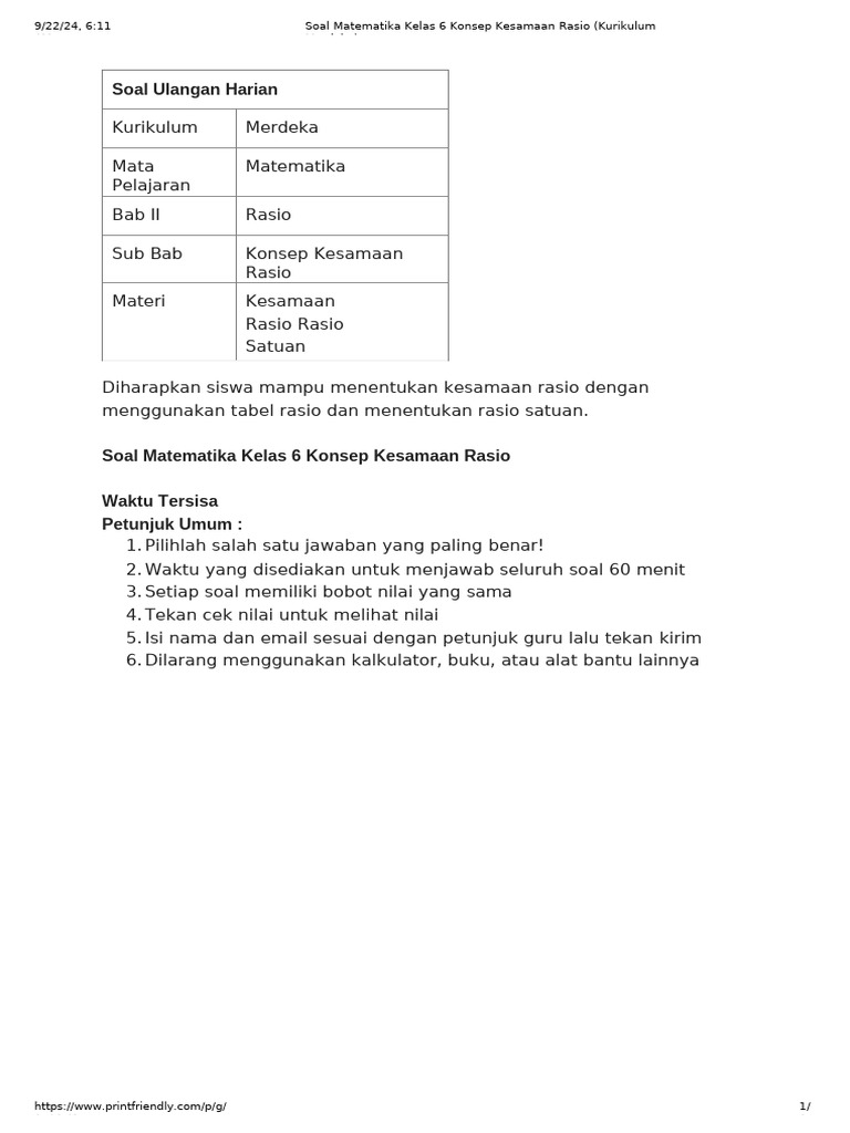 Soal Matematika Kelas 6 Konsep Kesamaan Rasio (Kurikulum Merdeka) | PDF
