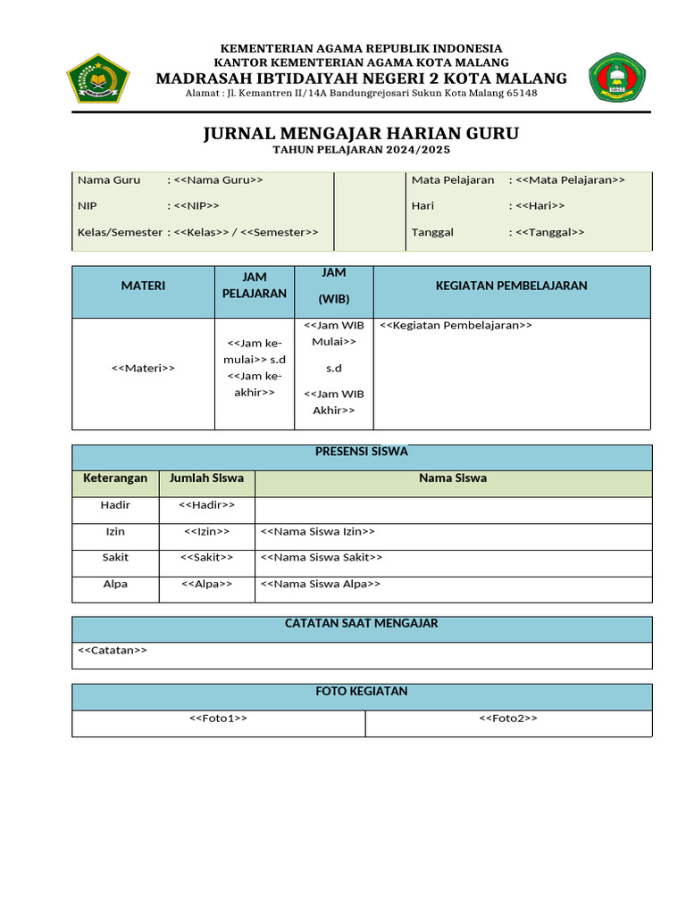 Template Jurnal Mengajar Min 2docx | PDF