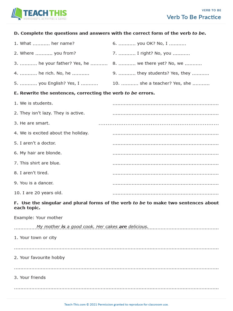 Verb To Be Practice | PDF