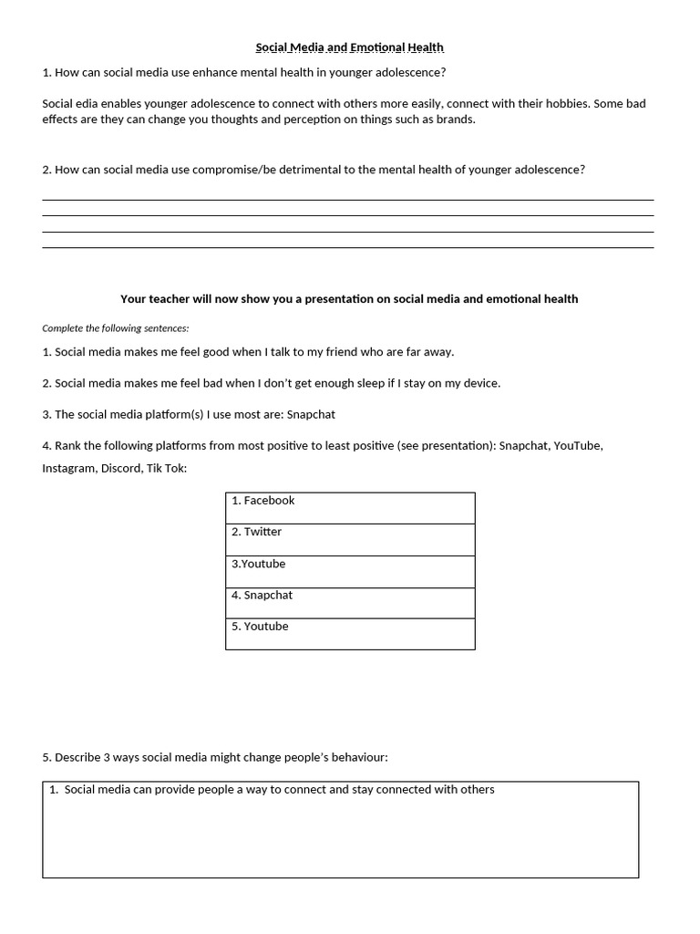Social Media and Emotional Health WORKSHEET | PDF