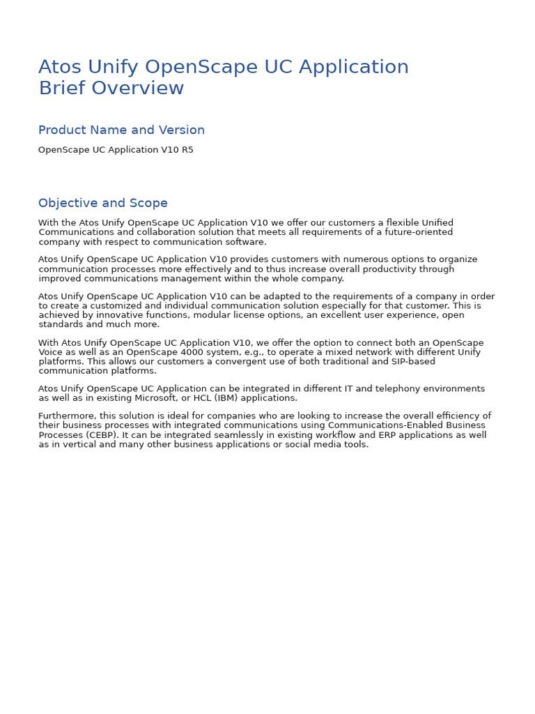 Atos Unify OpenScape UC Application V10 - Brief Overview OpenScape UC V10 R5 | PDF