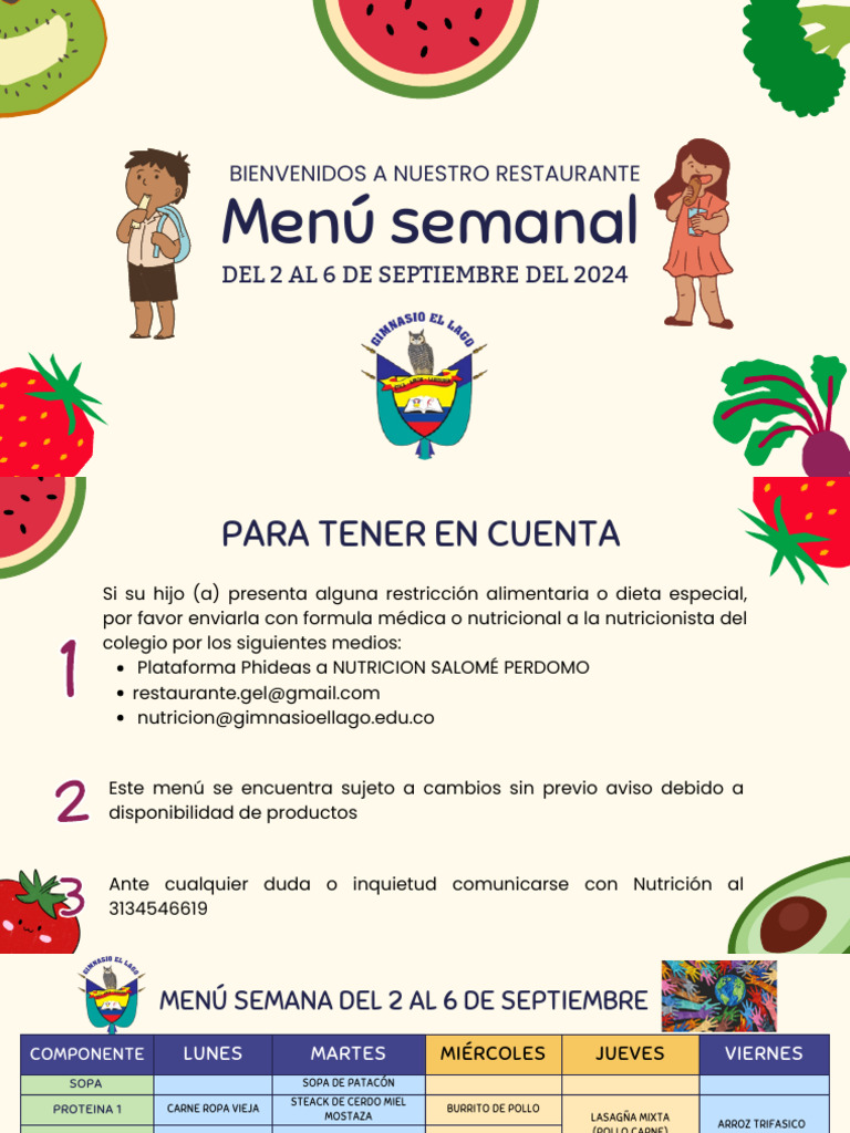 Menú Semanal Gimnasio El Lago | PDF