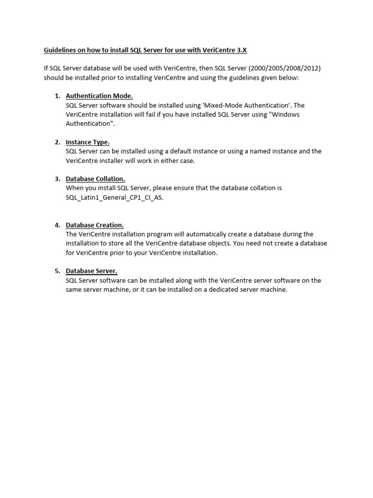 SQL Server Installation Guidelines For VeriCentre 3.0 | PDF