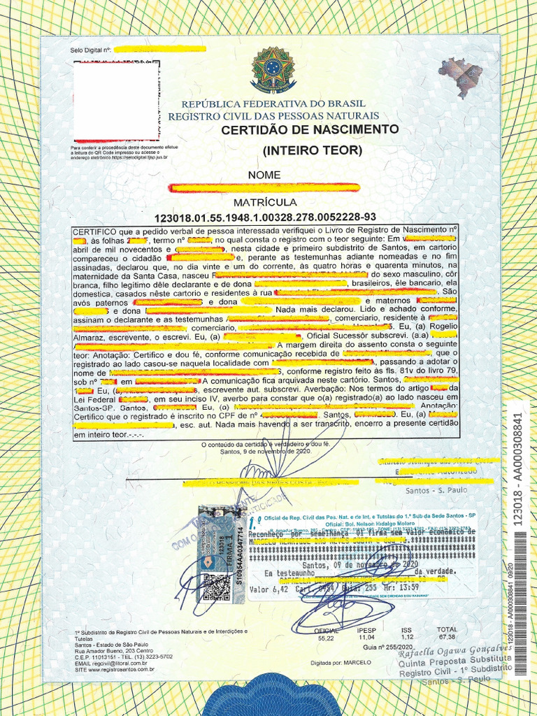 Exemplo de Certidão de Nascimento em Inteiro Teor Digitada | PDF