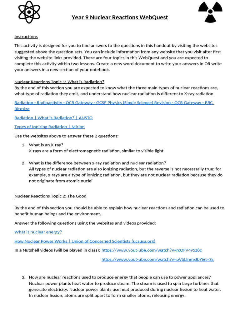 Year 9 Science W2 L3&4 Nuclear Reactions WebQuest | PDF