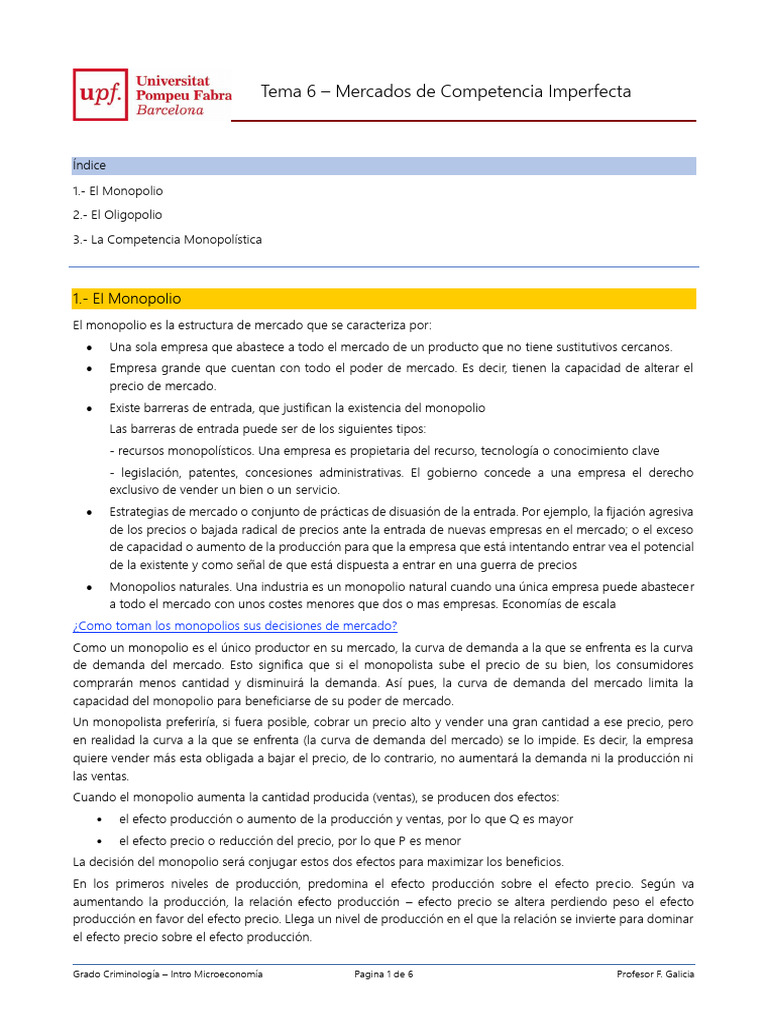 Guia Tema 6 - Competencia Imperfecta | PDF