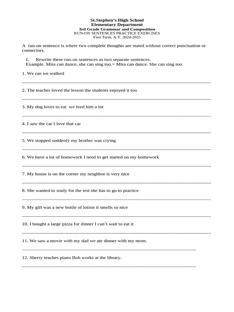 3RD Grade Run On Sentences Exercises | PDF