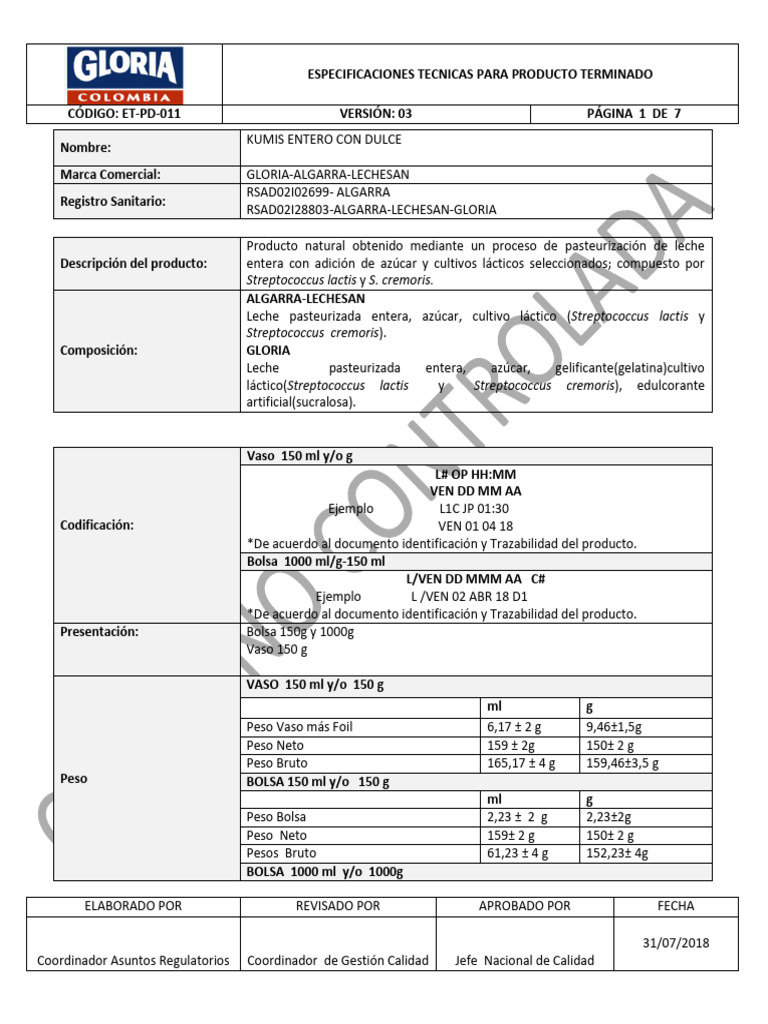 ET-PD-011 Ficha Técnica Kumis Entero Con Dulce | PDF