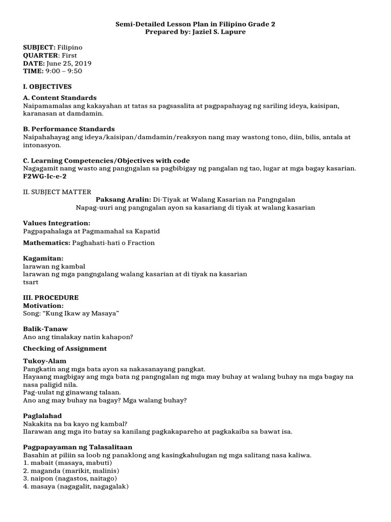 Grade 2 Filipino Lesson Plan: Pangngalan | PDF | Language Arts ...