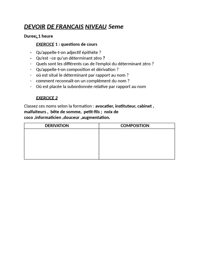 Devoir de Francais Niveau 4eme | PDF