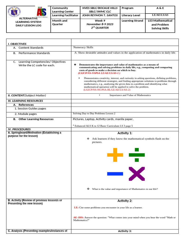 Daily Lesson Log: Math Skills Focus | PDF | Mathematics | Learning