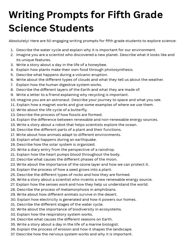 Science Writing Prompts for 5th Graders | PDF | Earth | Energy Development