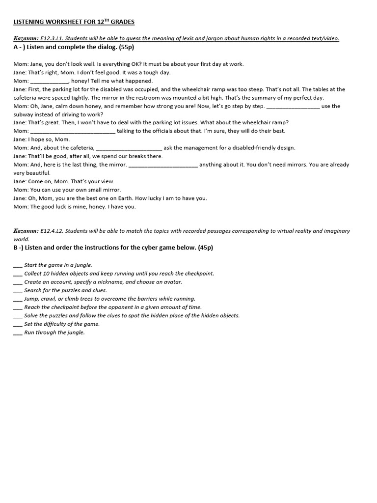 LISTENING WORKSHEET FOR 12TH GRADES | PDF