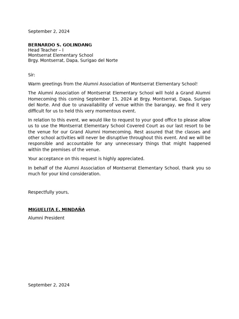 Letter Request For Venue | PDF