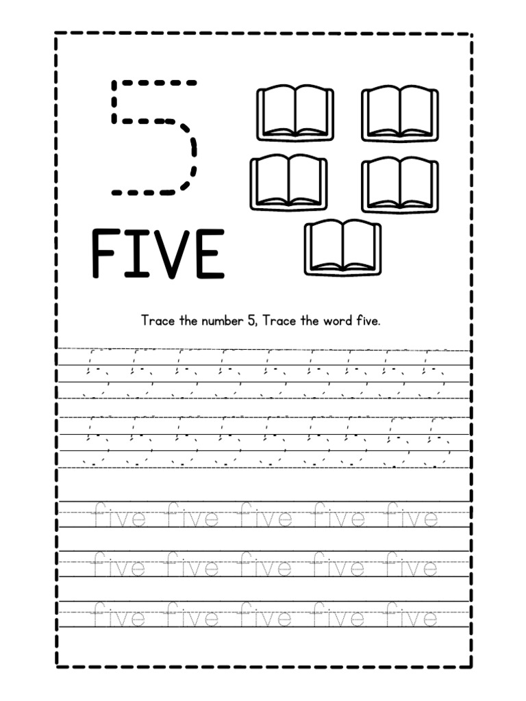 Black White Number Five Tracing Worksheet | PDF
