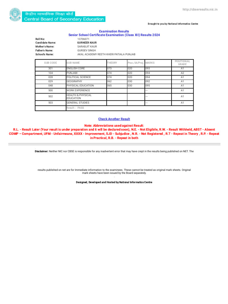 CBSE - Senior School Certificate Examination (Class XII) Results 2024 ...