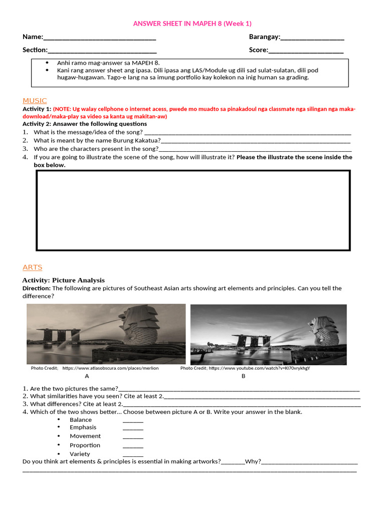 Answer Sheet in Mapeh 8 | PDF