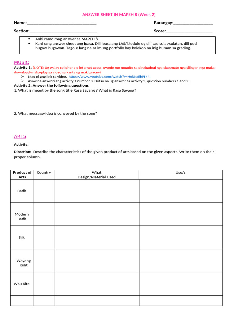 ANSWER SHEET IN MAPEH 8 w2 | PDF