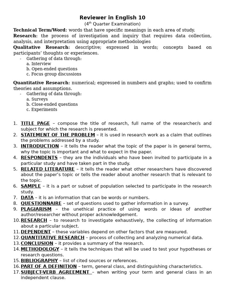 Reviewer in English 10 4th Quarter | PDF