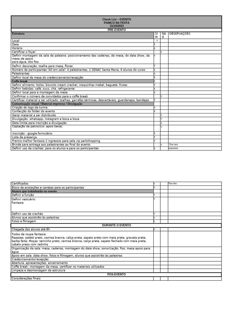 Check List para Eventos Modelo | PDF