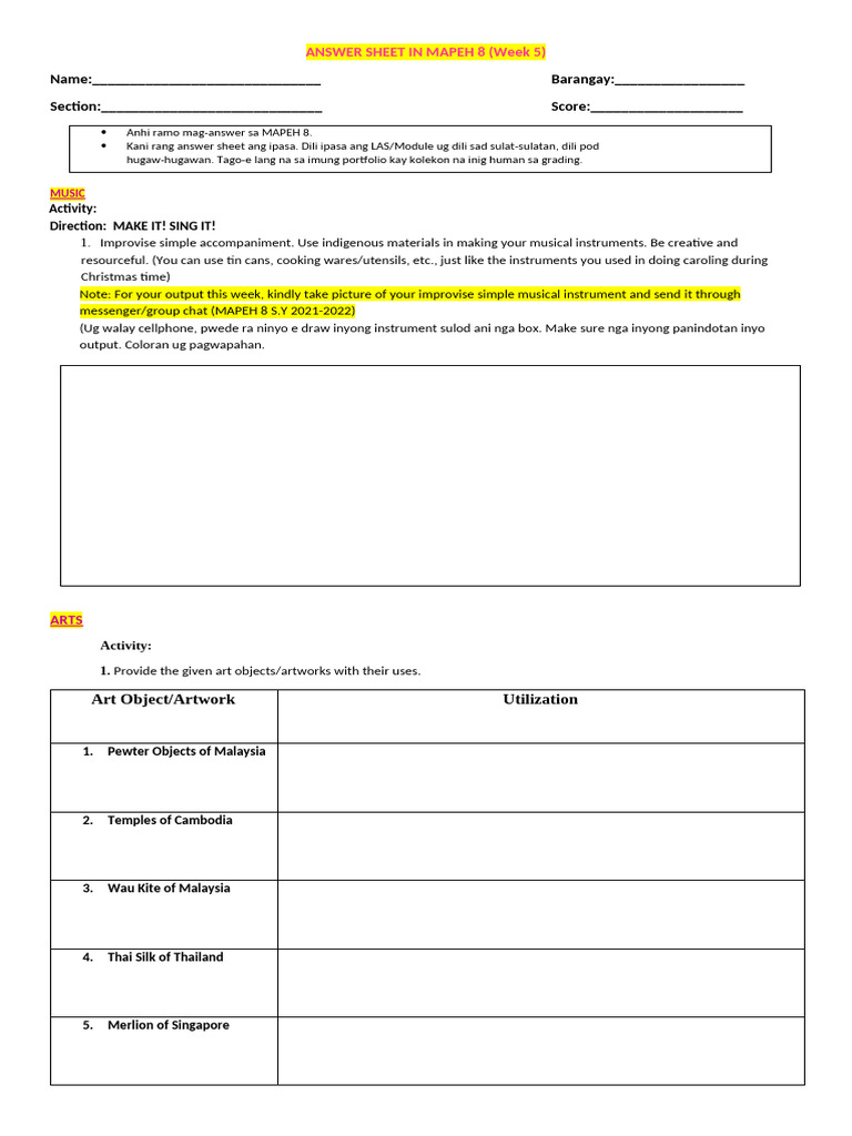 Answer Sheet in Mapeh 8 w5 | PDF