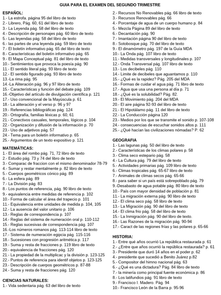 GUIA PARA EL EXAMEN DEL SEGUNDO TRIMESTRE quinto grado 2023 | PDF