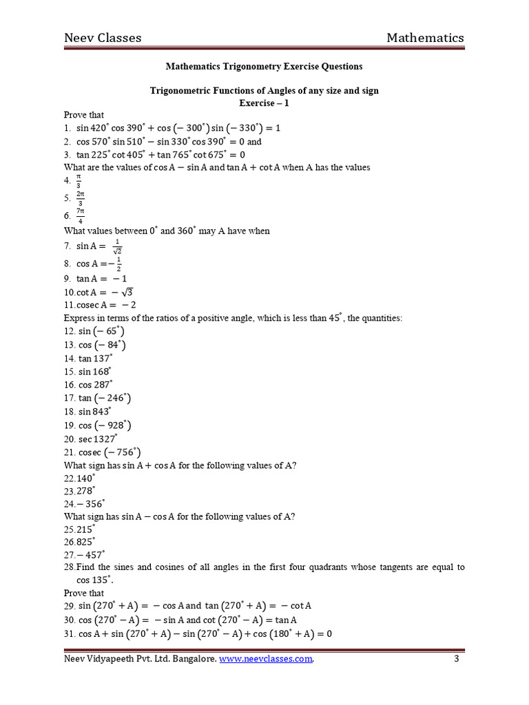 taRbm2neBJ Class 11 Mathematics Trigonometry Exercise Questions With Answer Keys | PDF ...