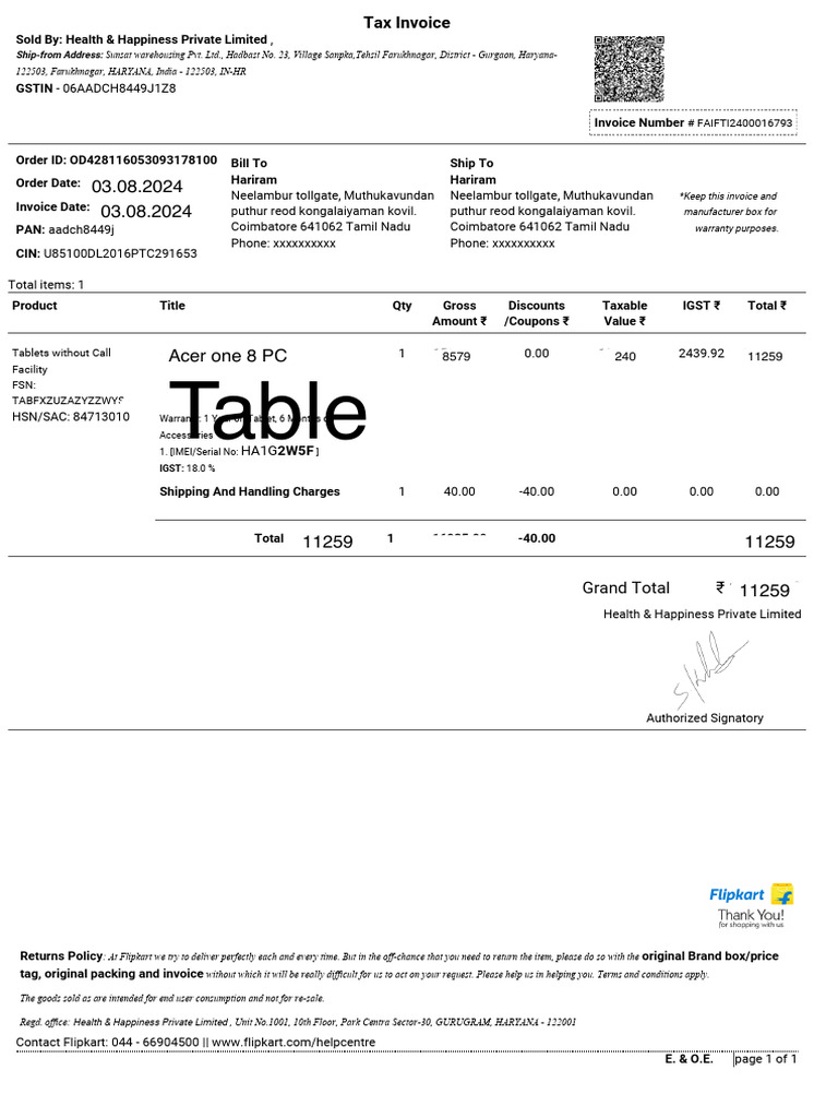 Acer Tablet Invoice From Flipkart | PDF