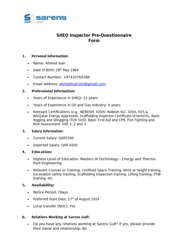 SHEQ Inspector Pre-Questionnaire Form | PDF