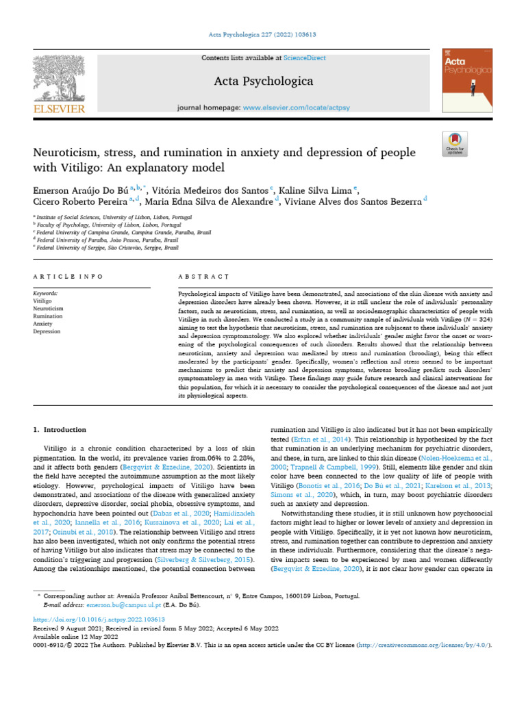 Neuroticism, Stress, and Rumination in Anxiety and Depression of People ...