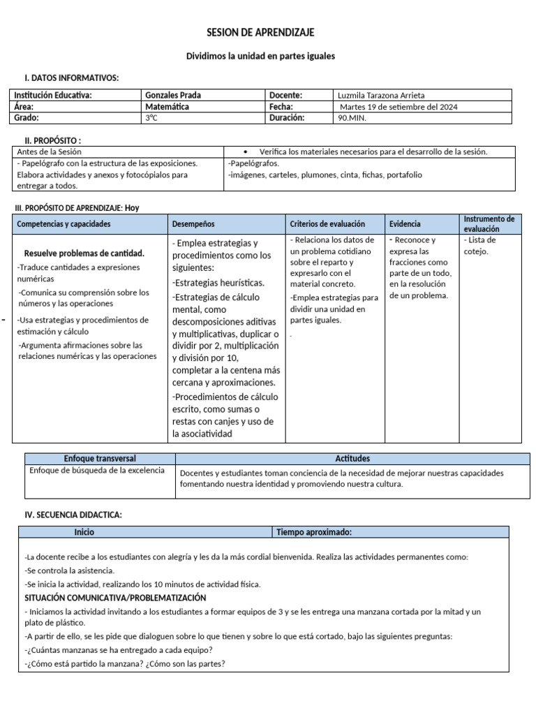 Sesion Dividimos Una Unidad en Partes Iguales | PDF