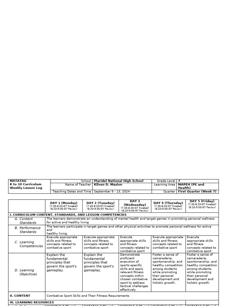 WEEK7 MAPEH7 Matatag | PDF