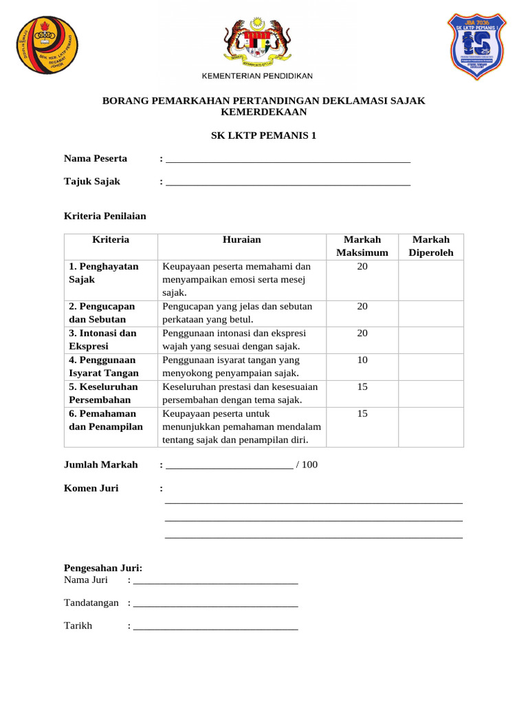 Borang Pemarkahan Pertandingan Deklamasi Sajak Kemerdekaan | PDF