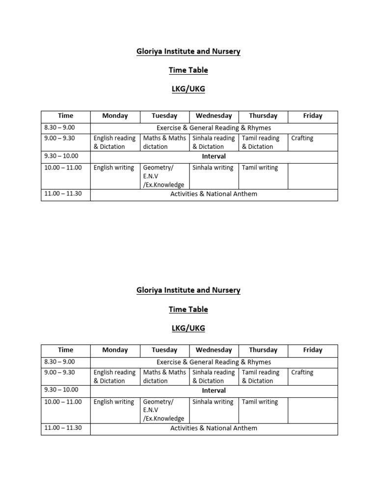 LKG/UKG Class Time Table | PDF