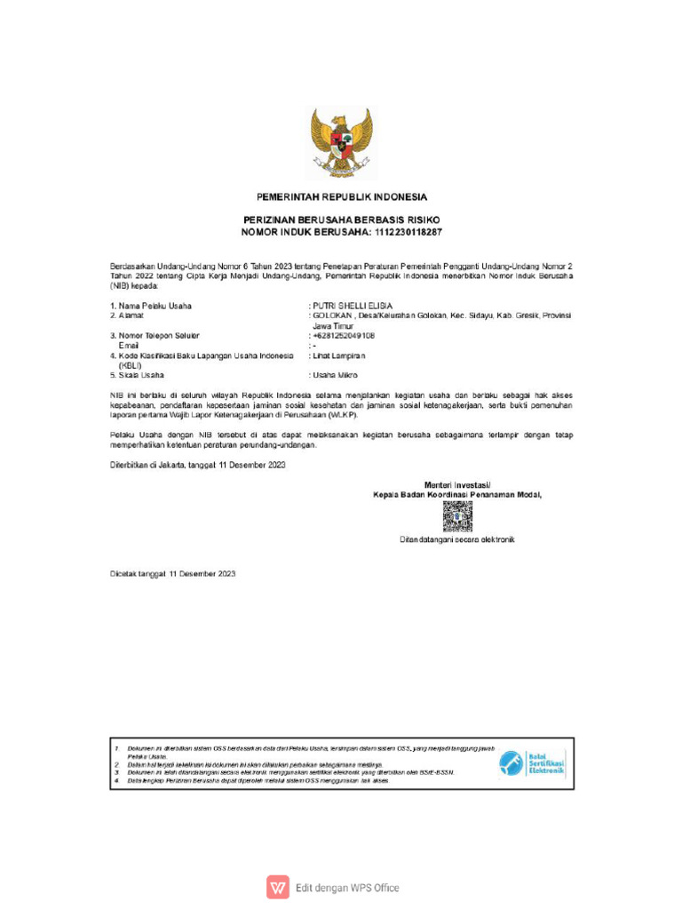 Nib, NPWP Putri Shelli Elisia - 08010321022 | PDF