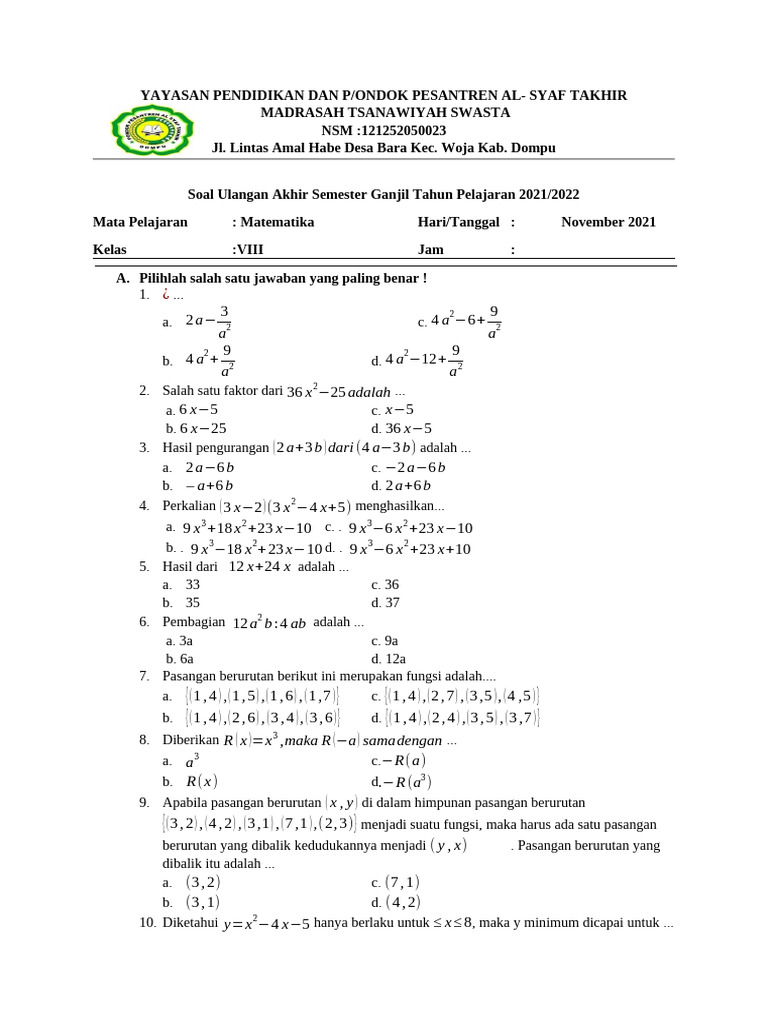 SOAL MAPEL MTK KLS 8 GANJIL Baru | PDF