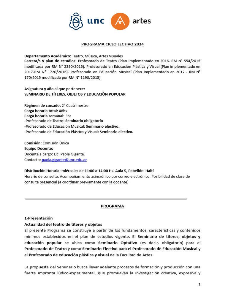 Programa Seminario de Títeres, Objetos y Educ. Pop | PDF