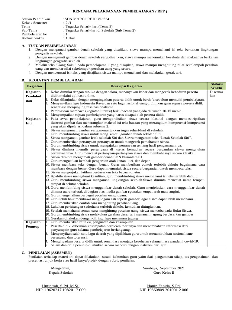 RPP DARING KELAS 2 TEMA 3 ST 2 Hanin | PDF