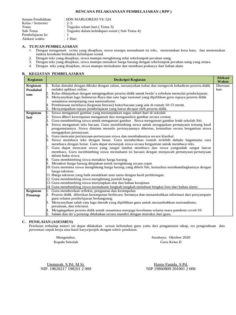 RPP DARING KELAS 2 TEMA 3 ST 4 Hanin | PDF