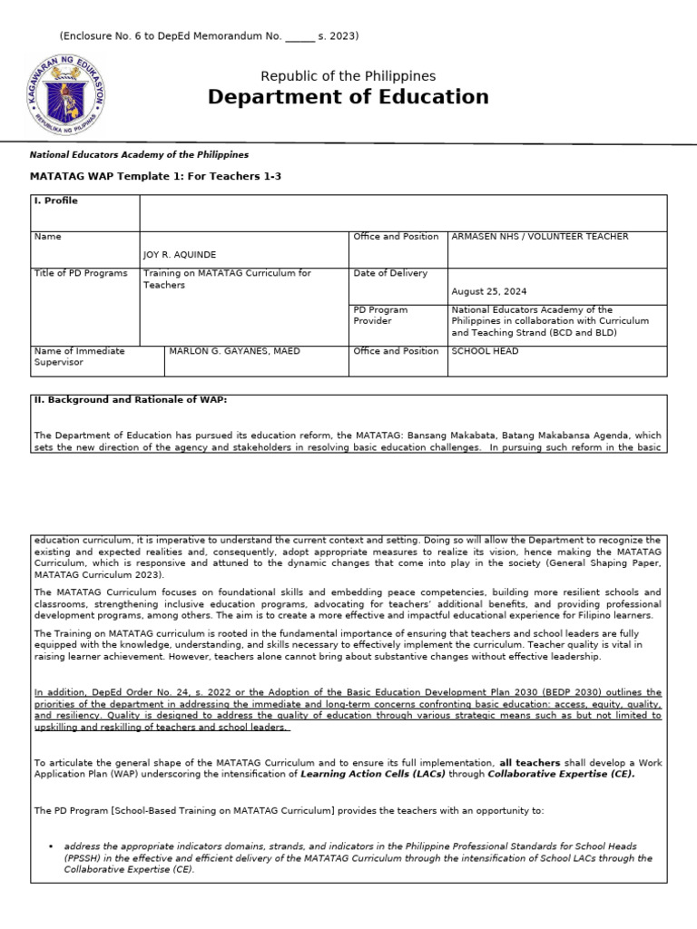 MATATAG-WAP-Template-1 - For-Teachers-1-3 JOY AQUINDE | PDF